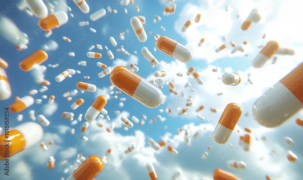 Fotografia do Stock: Capsules falling from the sky, symbolizing drug ...