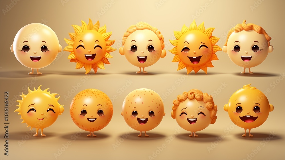 3d cartoon cute sun characters designs for kids on a transparent ...