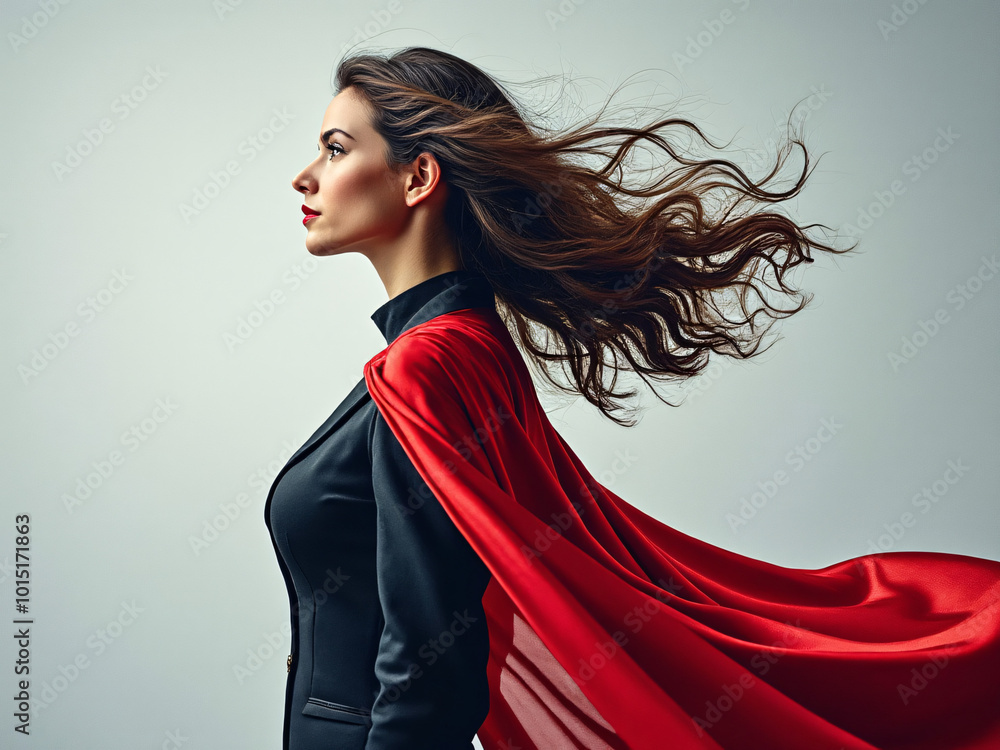 Brave business woman posing as super hero. Side view of a business ...