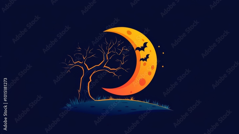 A spooky, vibrant illustration of a crescent moon with bats flying by a ...