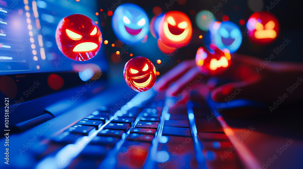 Angry emoji symbols float over a keyboard, with red and blue light ...