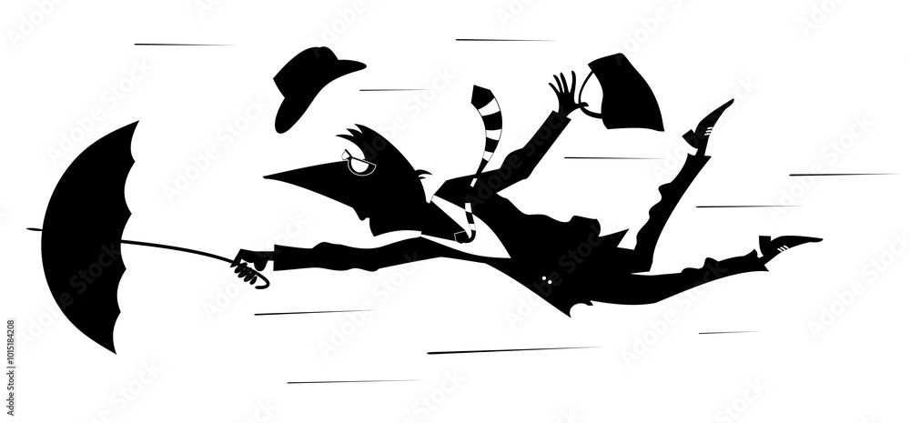 Windy day and man flies with umbrella. Strong wind. Man with an ...