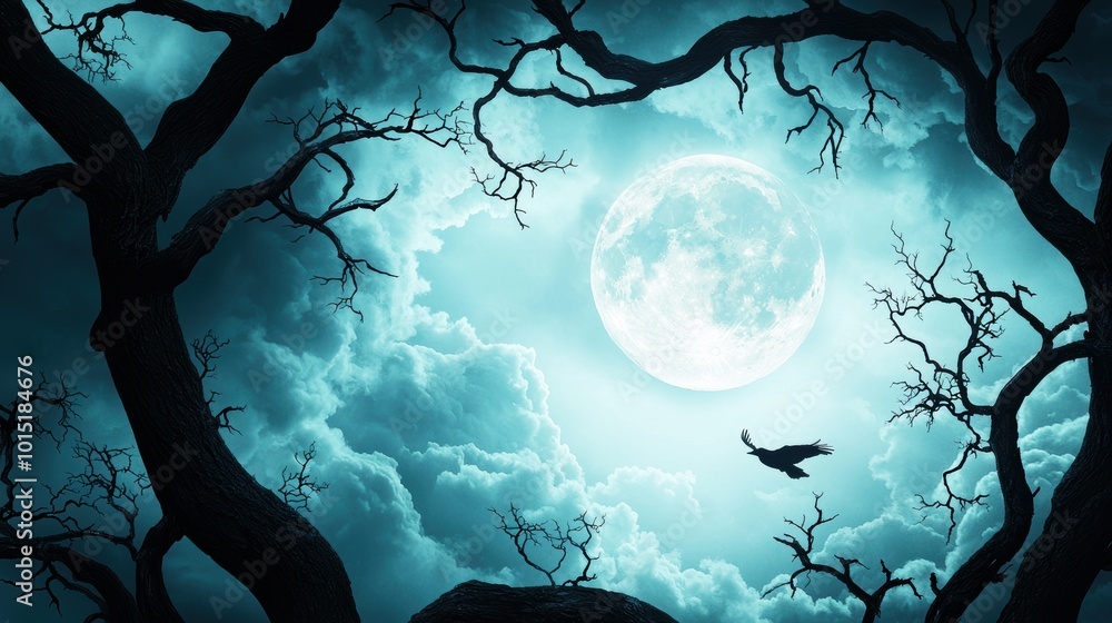 Full moon partially obscured by storm clouds casting an eerie glow on a ...