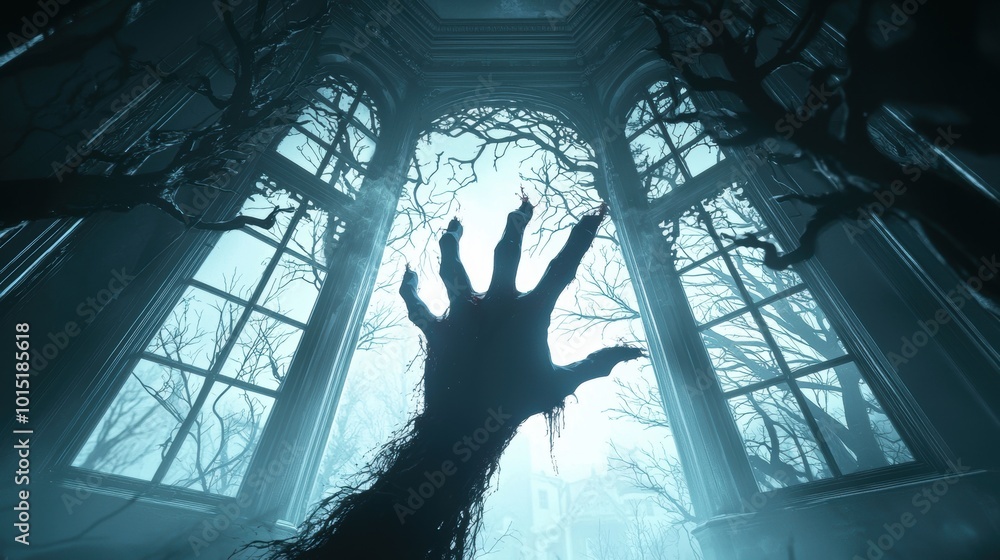 The faint outline of a ghostly figure its hand outstretched and ...