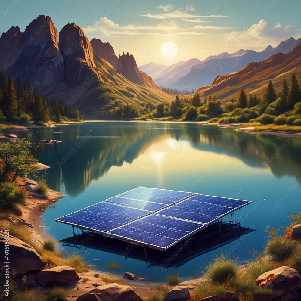 Realistic illustration of solar panel on the surface of lake with ...