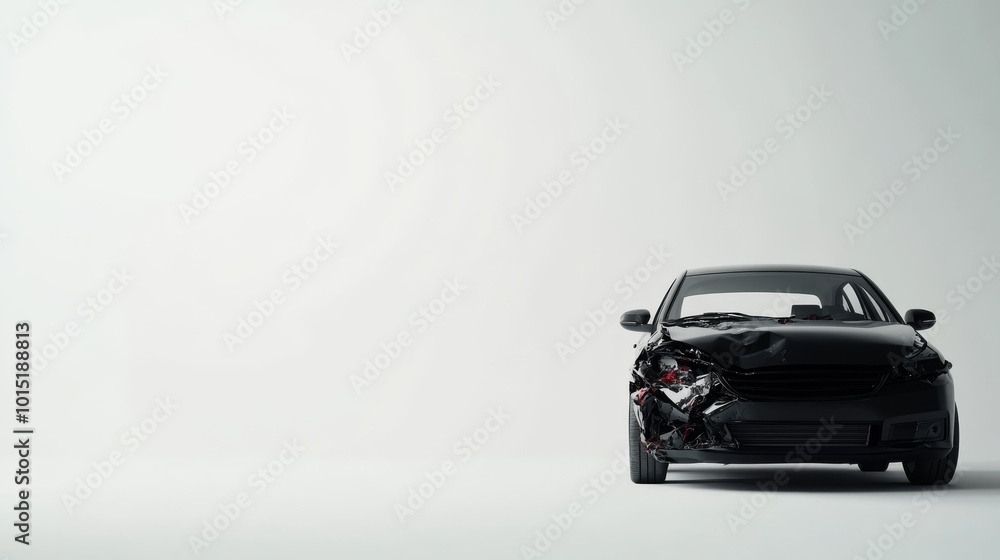 A front view of a badly damaged compact car shows shattered glass and a ...