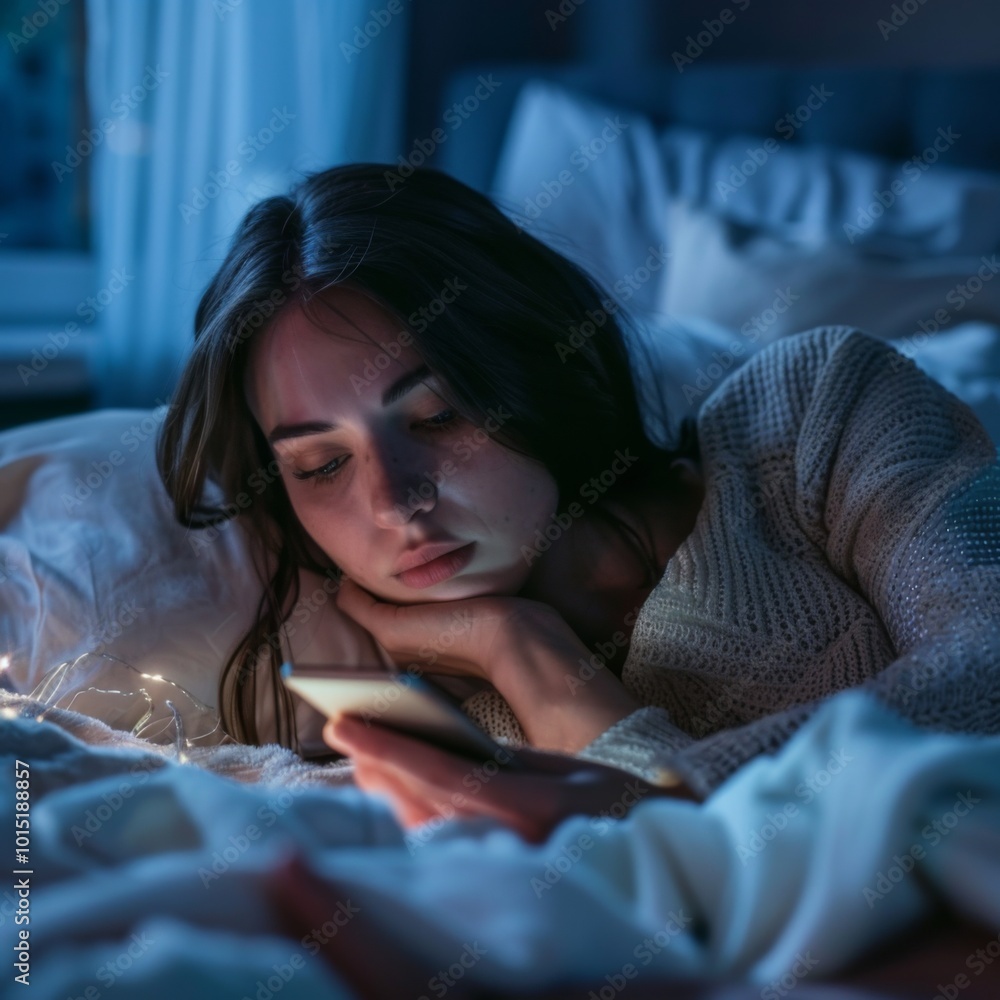 Sad woman in bed at night scrolling through smartphone after breakup ...