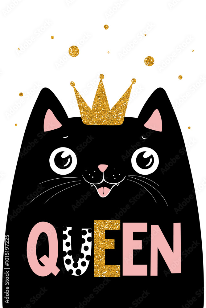 Hand drawn vector illustration of a funny cat queen with crown and text ...