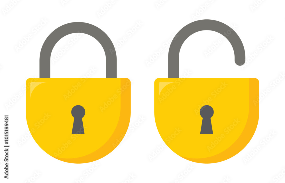 Lock and unlock vector illustration with bottom round style in yellow ...