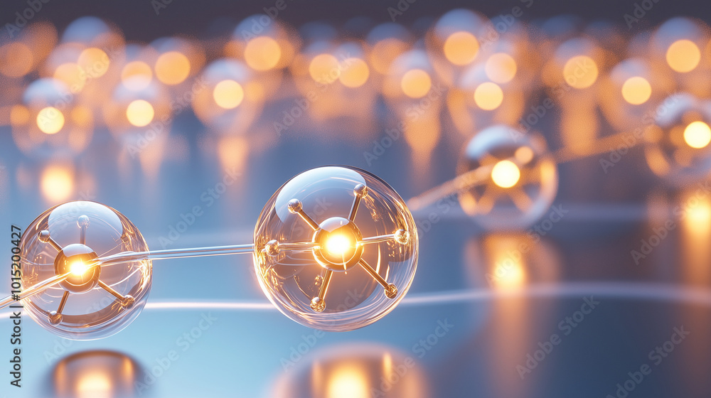 A series of atoms linking together like a chain, glowing softly as they ...