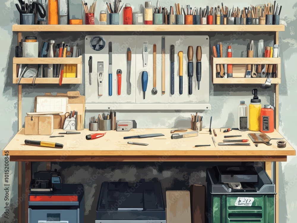 Creative DIY Workshop Table with Minimalist Anime Vector Illustration ...