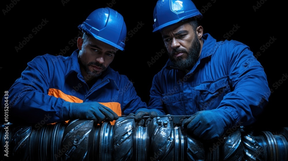 Maintenance team inspecting large industrial machinery for wear and ...