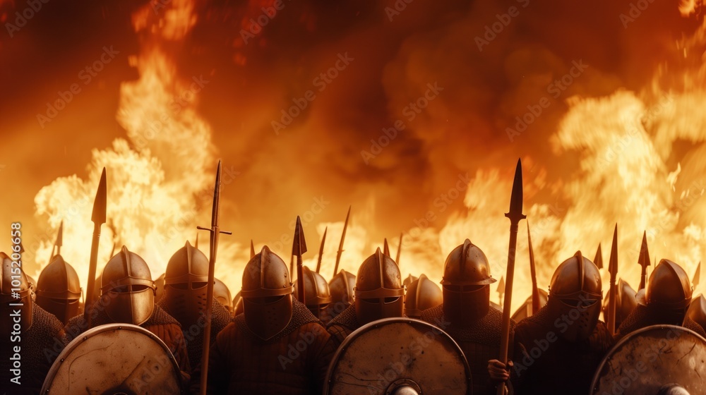 Armored warriors with shields and spears gather together beneath a sky ...