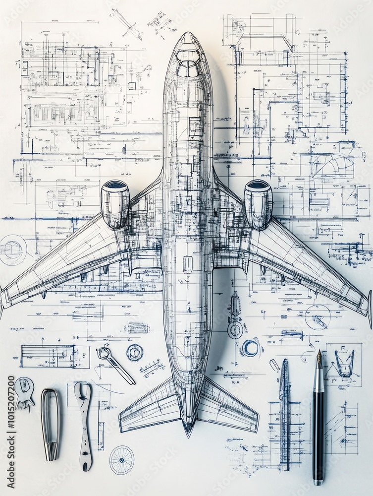 Top-Down View of Aircraft Engineering Blueprint with Design Tools and ...