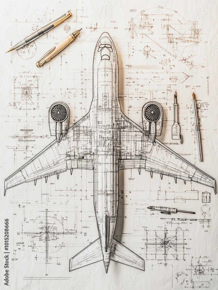 Top-Down View of Aircraft Engineering Blueprint with Design Tools and ...