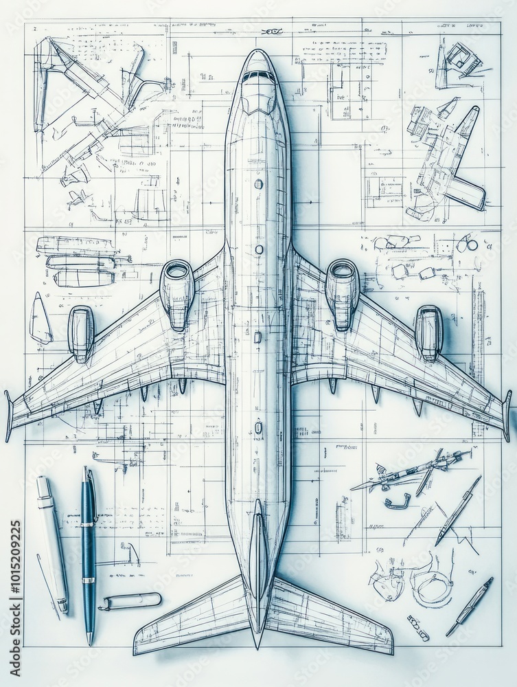 Top-Down View of Aircraft Engineering Blueprint with Design Tools and ...
