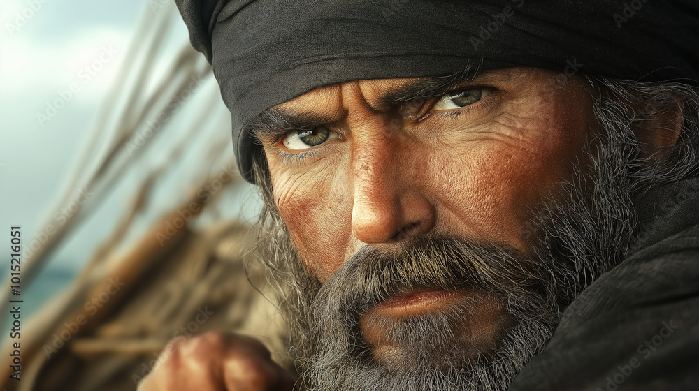 A hyper-realistic image of the legendary Blackbeard pirate, his eyes ...