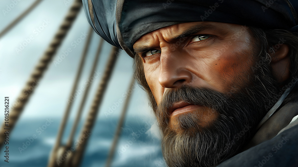 A hyper-realistic scene of Blackbeard in a fit of rage, standing at the ...