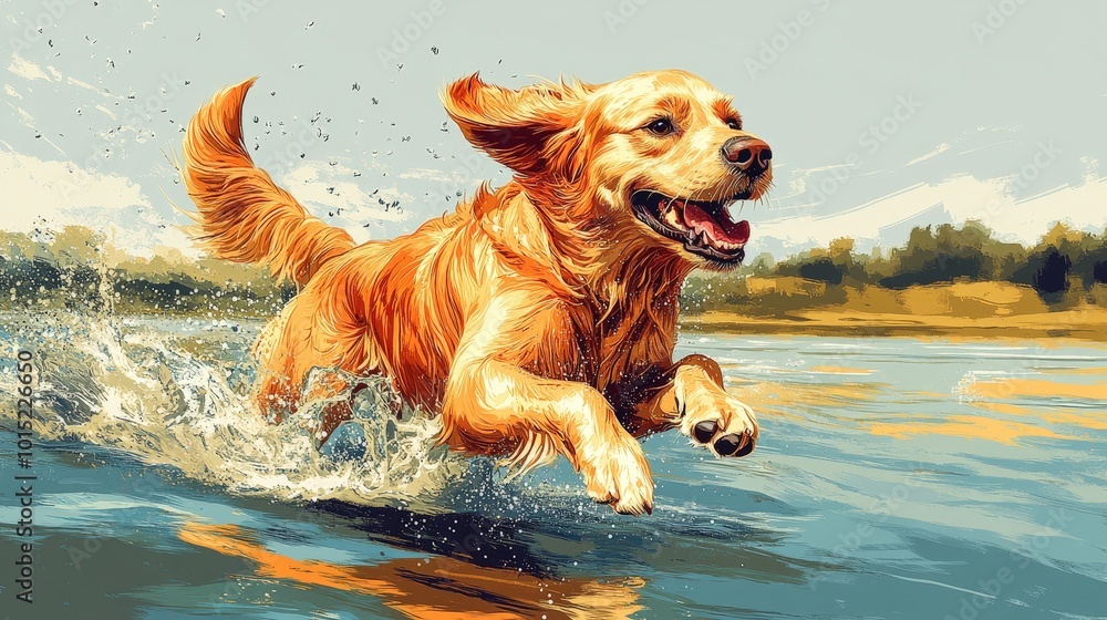 Golden Retriever Splashing in Water: A golden retriever dog runs ...