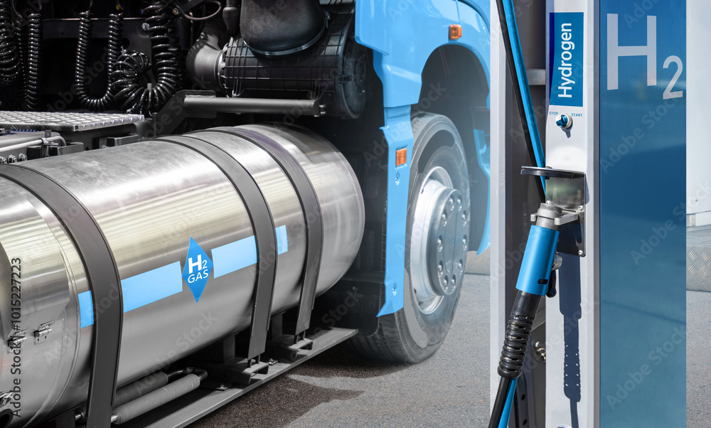Póster A hydrogen fuel cell semi truck with H2 gas cylinder onboard ...
