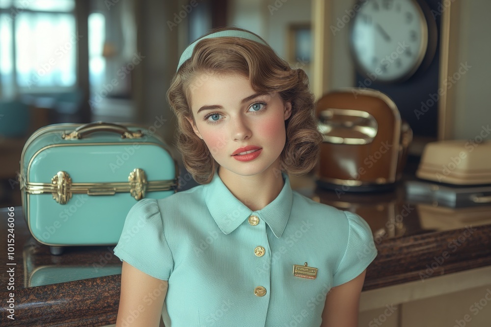 Elegant woman in 1950s retro style with vintage accessories and ...