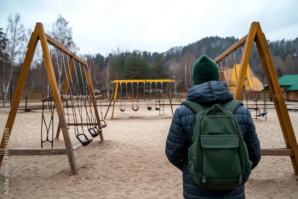 Realistic scene of someone visiting an old school playground, with ...