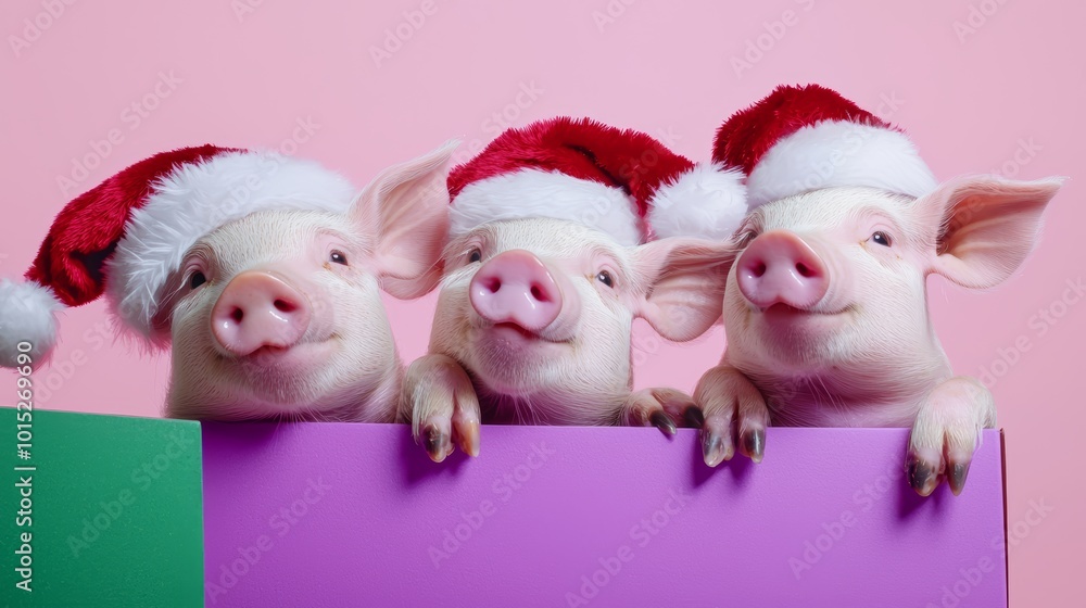 Three smiling little pigs in festive Santa hats, snuggled up in a ...