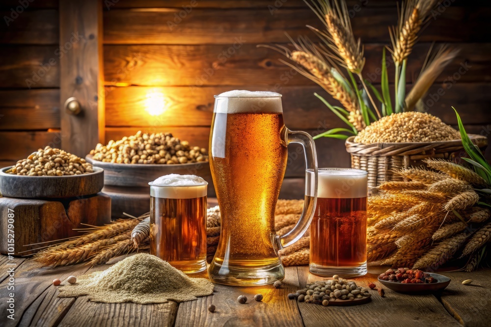 On a rustic table, a stunning beer glass adorned with malt and barley ...