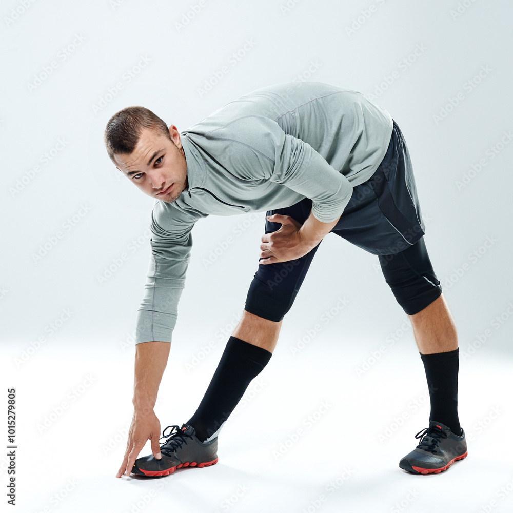 Portrait, stretching and man with fitness, training and athlete on ...