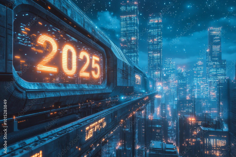 Futuristic 2025 LED display on a high-speed train in cyberpunk city ...