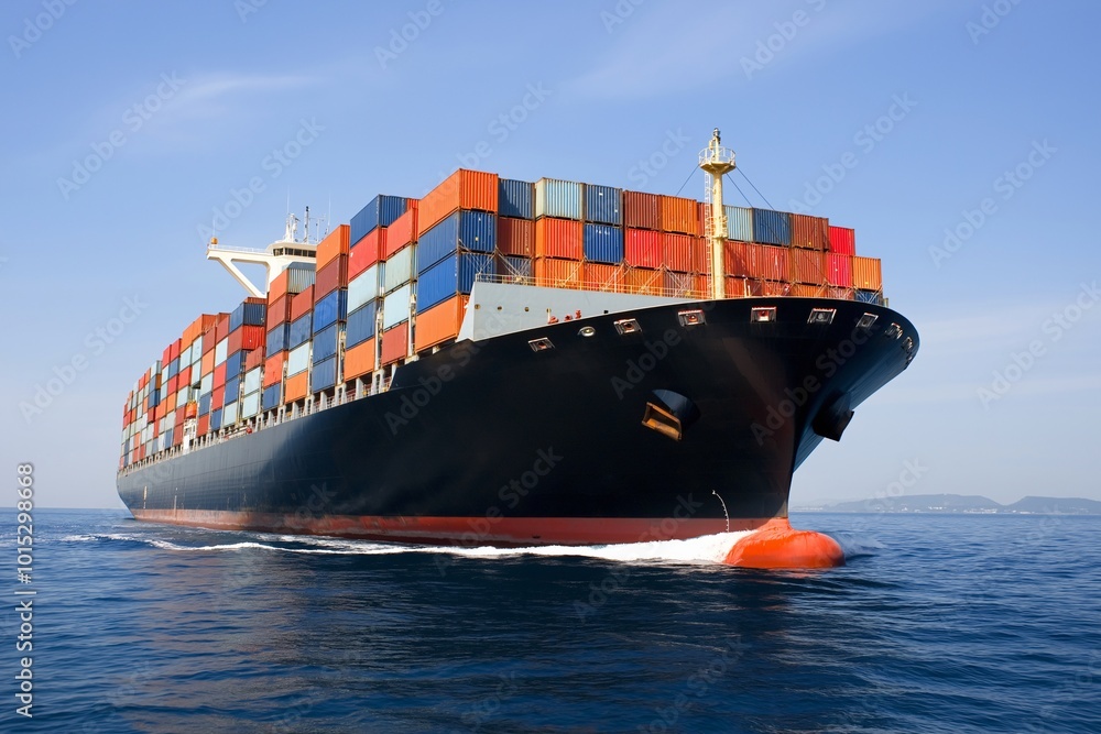 Container ship sailing along the shipping route, fully loaded with ...