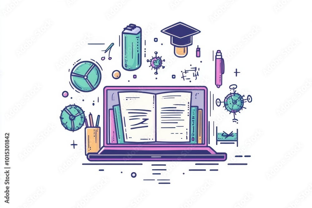 Digital learning concept with open laptop surrounded by educational ...