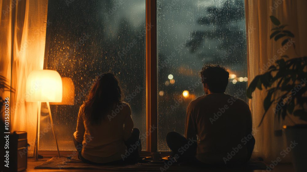 Two people sitting in a dimly lit room at night with rain softly ...