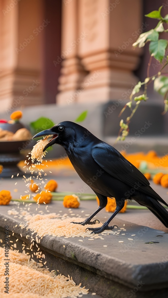 Wallpaper for mobile phones, smartphones, A crow eats rice offerings ...