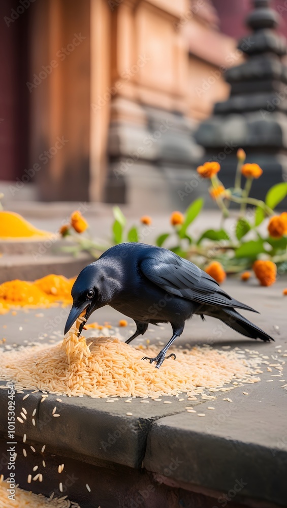 Wallpaper for mobile phones, smartphones, A crow eats rice offerings ...