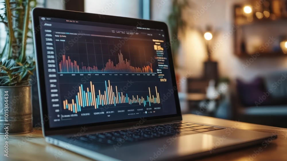 A laptop screen showing a bar graph with key performance indicators ...