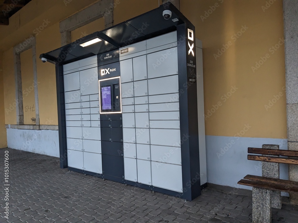 Foto de Jihlava,Czech Republic-October 9 2024:OX POST PARCEL BOX is a ...