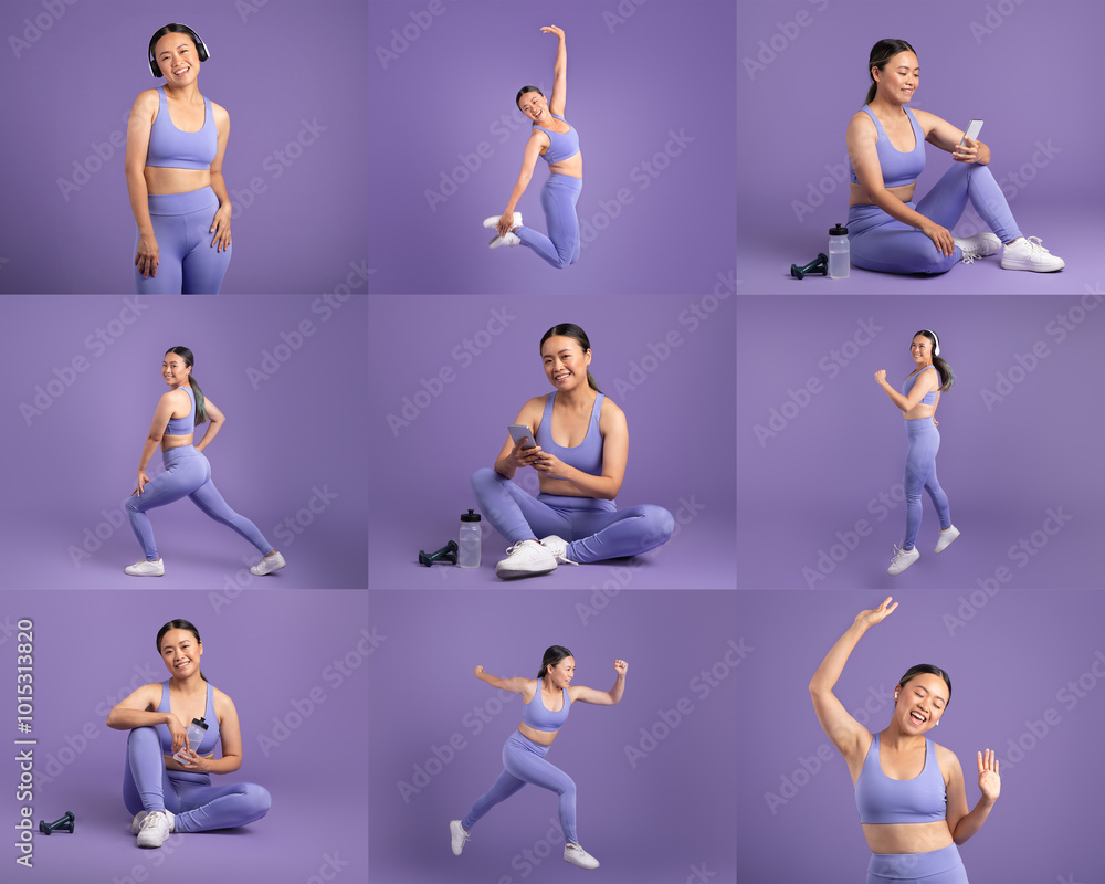 Asian fit woman wearing light blue activewear performs different poses ...