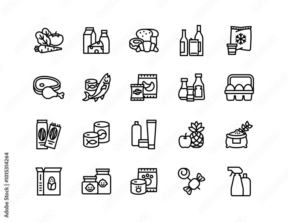 Groceries Icon Set: Fresh Produce, Dairy, Snacks, Meats, Condiments ...