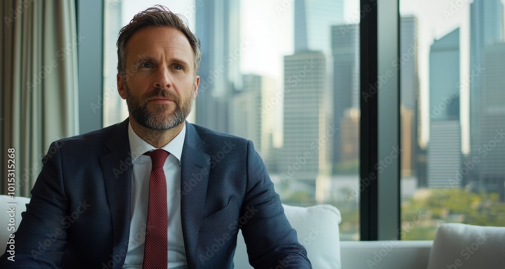 Professional interview setup with businessman in suit against city ...