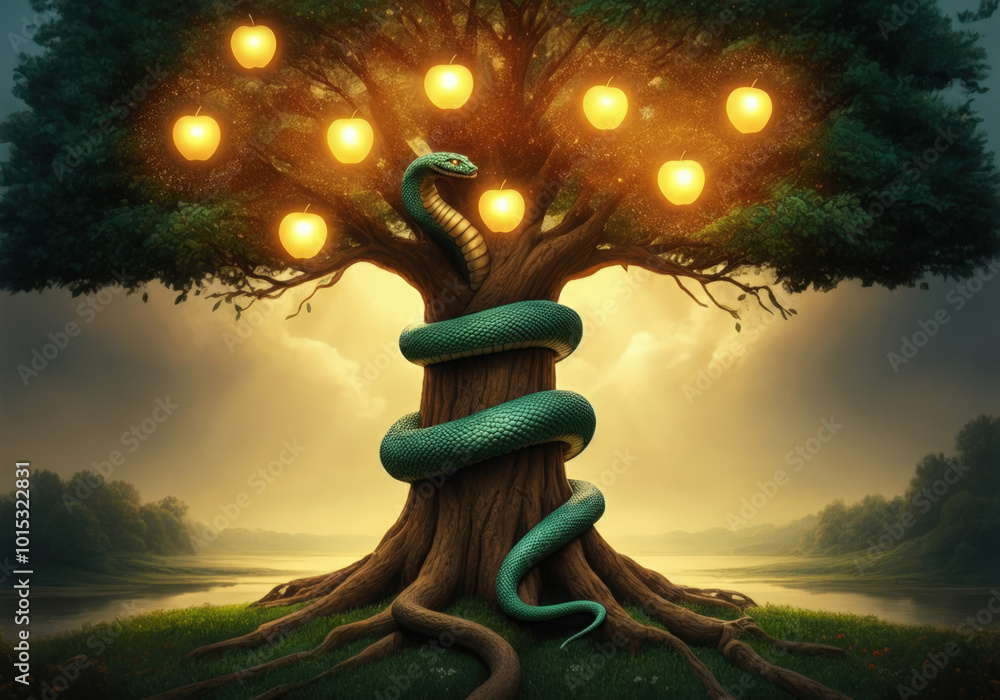 Green snake is coiled around a tree with glowing fruit, symbolizing ...