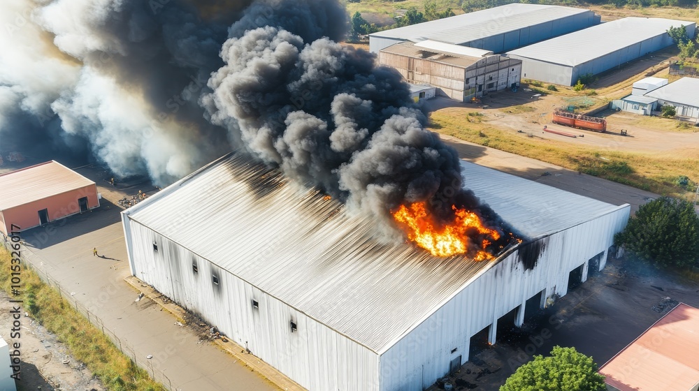 Toxic and Dramatic Industrial Fire-Thick black smoke billows from a ...