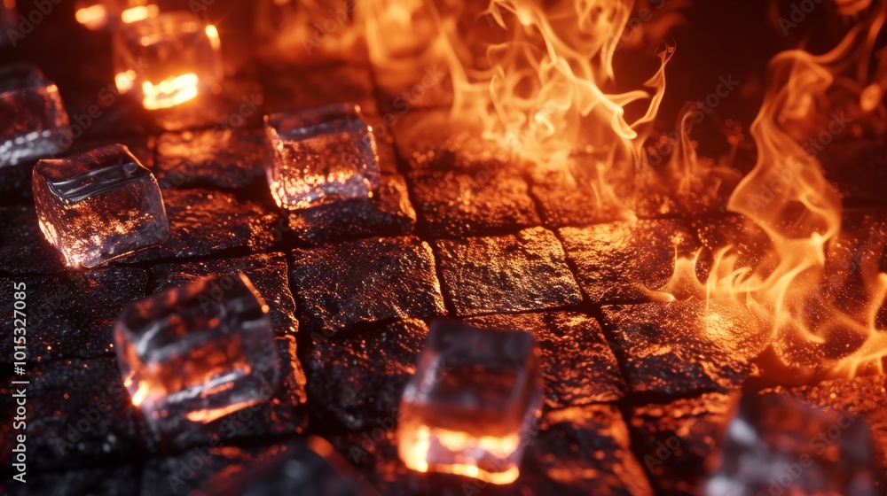 Ice cubes scatter over glowing coals with small flames rising from the ...