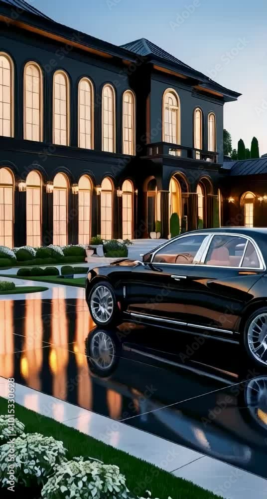 A sleek, modern luxury mansion with a black and gold exterior ...