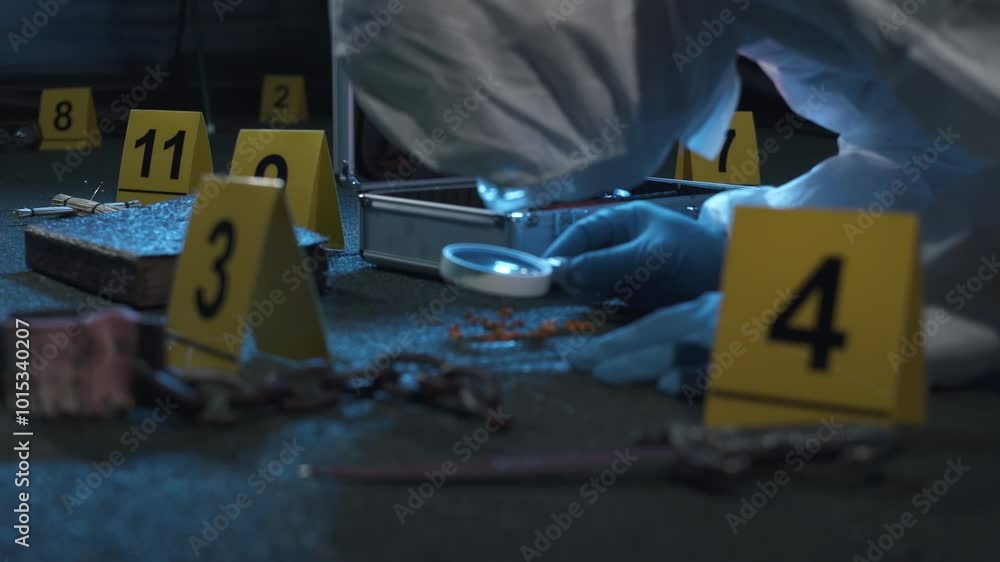Forensic expert hard working at ritualistic crime scene with occult ...