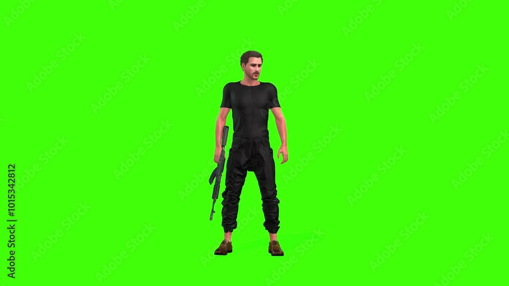 4k boy standing with attention position holding AK-47 assault rifle ...