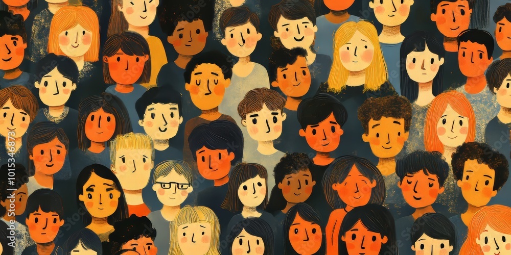 Diverse crowd of people - seamless banner of 100 different hand drawn ...