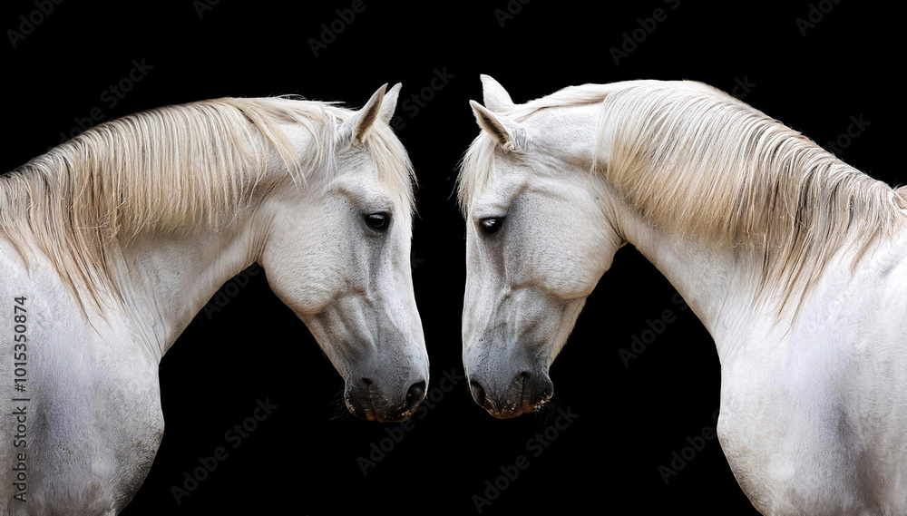 Dwa białe konie na czarnym tle Stock Illustration | Adobe Stock