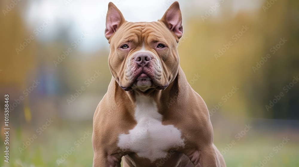 Muscular American Bully dog with a broad head and short, stocky body ...