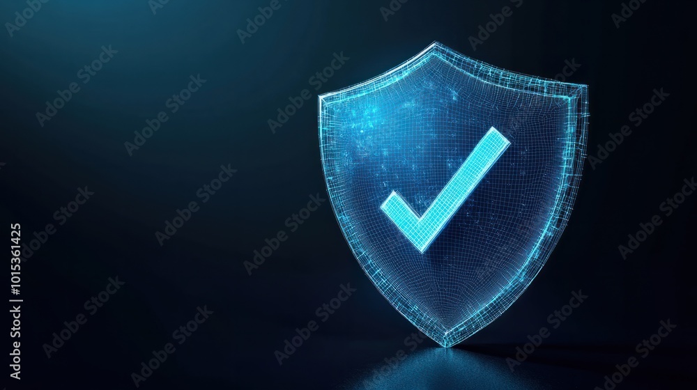 Visualizing a secure cybersecurity symbol: A dark blue wireframe shield adorned with a checkmark ...